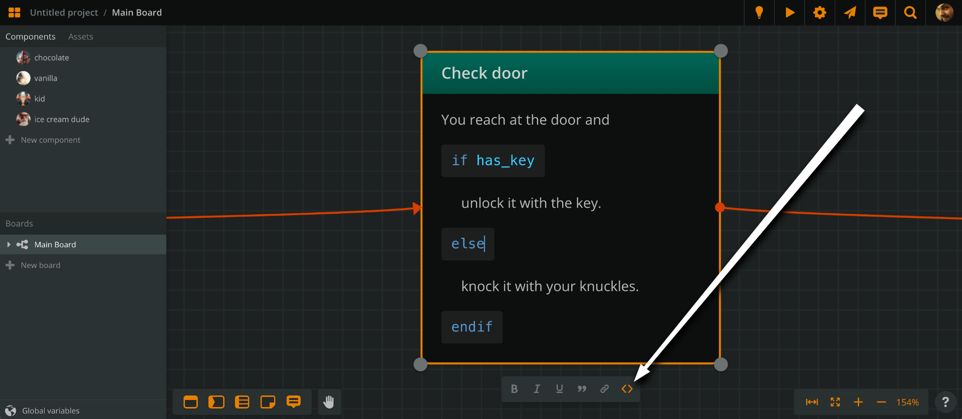 Use Arcweave's scripting language to write complex interactive stories